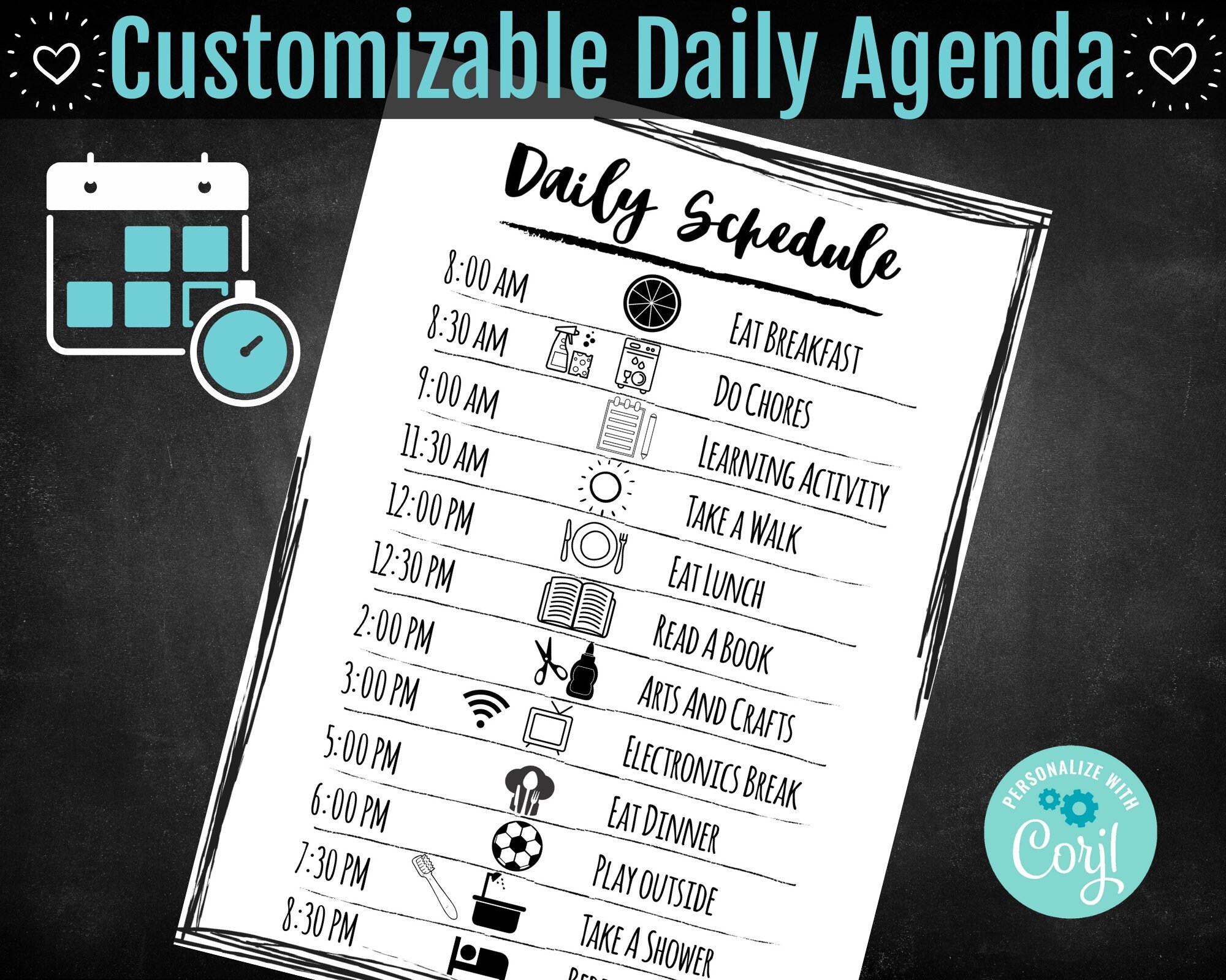 Customizable Home Schooling Printable Daily Agenda With Icons for Kids ...