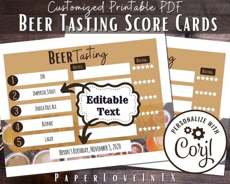 Editable Beer Tasting Score Card Printable PDF 8.5x11" and 8x10" for 10 ...