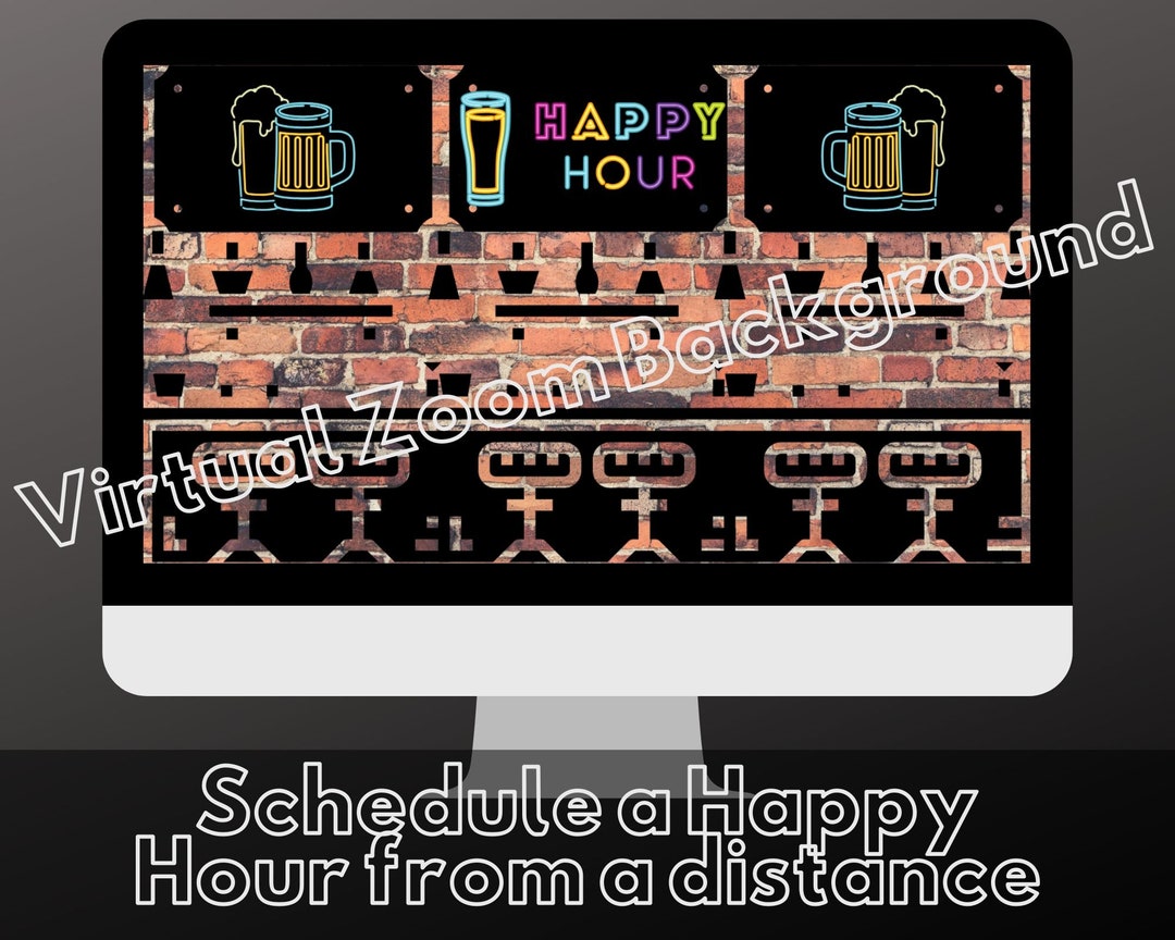 Neon Virtual Happy Hour Background With Barstools, Beer, and Brick Wall ...