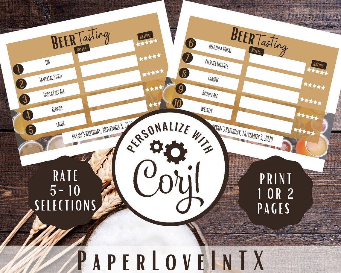Editable Beer Tasting Score Card Printable PDF 8.5x11" and 8x10" for 10 ...