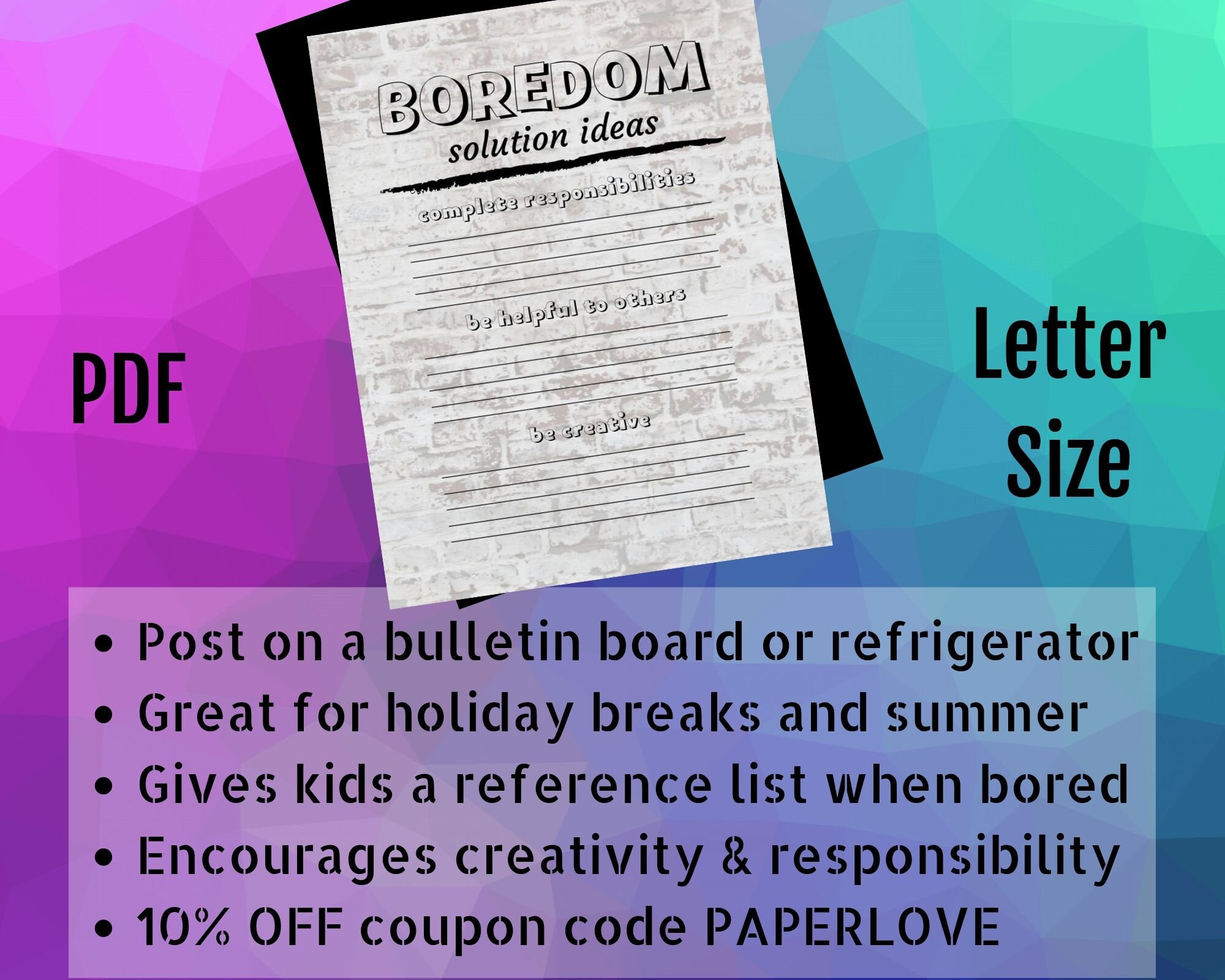 Boredom Solutions Printable for Tweens and Teens 8.5x11" Letter Size ...
