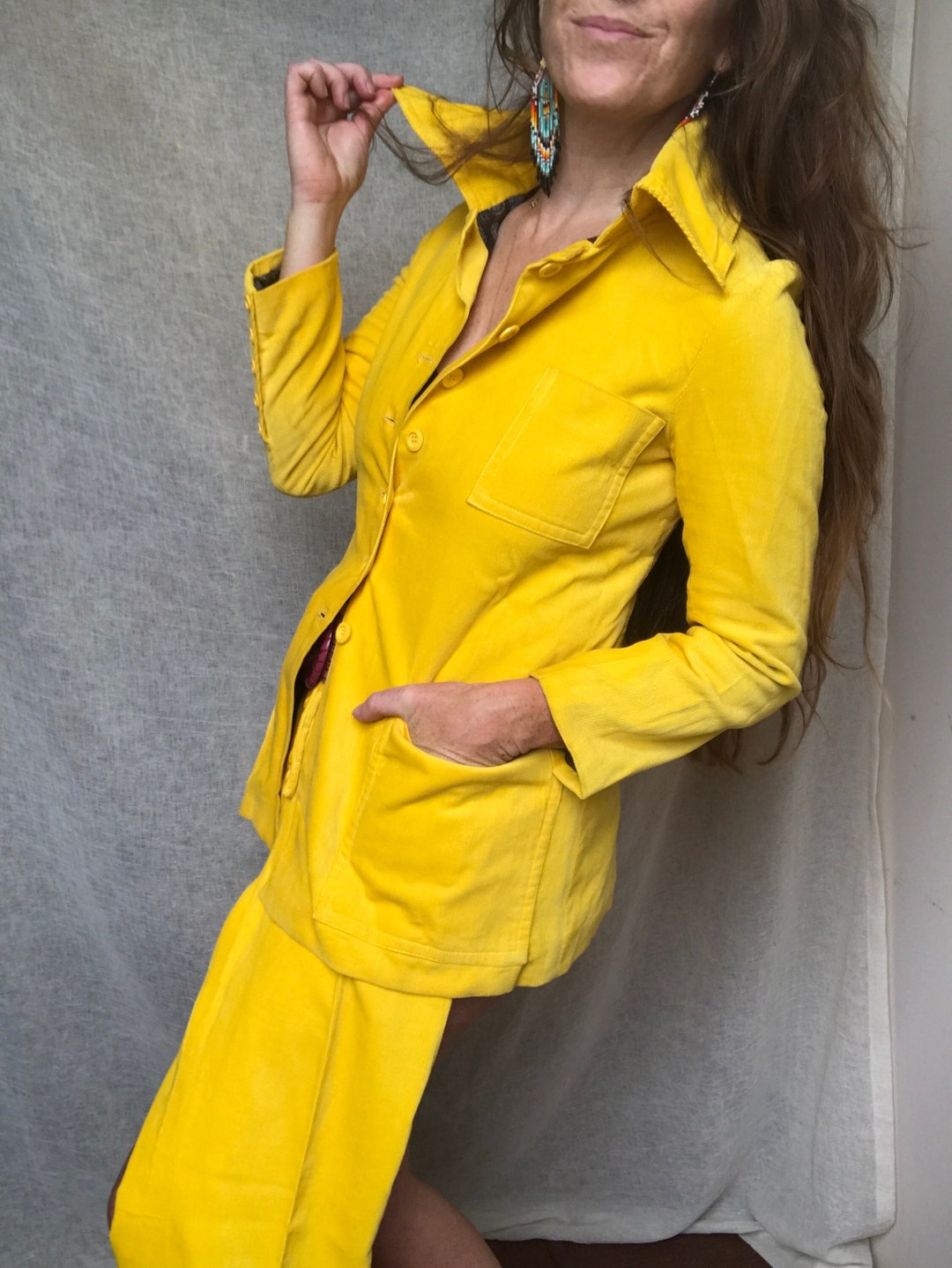 Vintage 70s Bell Bottom, 2 Piece Suit, Corduroy, Dagger Collar, Size XS ...