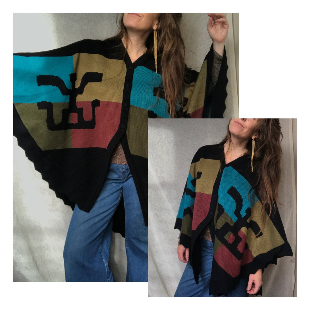Chacok Vintage Wool Poncho, Bohemian, 80s, French Designer, One Size - Etsy