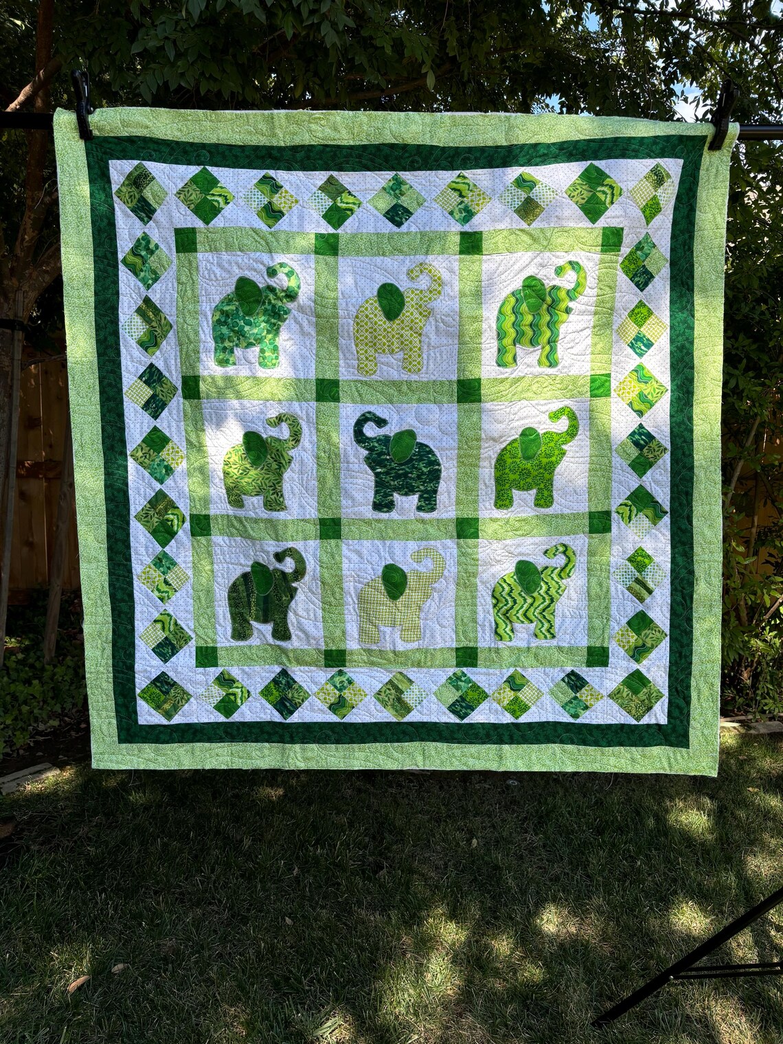 Green Elephant Baby Quilt: Reversible Clover Patchwork Nursery Decor ...