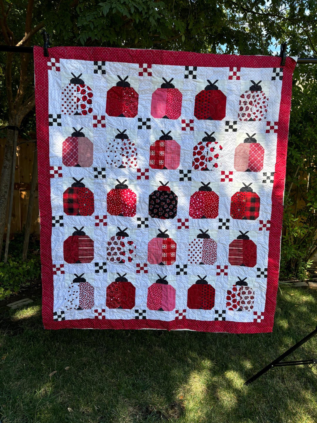 Red and Black Ladybugs Handmade Quilt | Two-sided Red Quilt | Red Bird ...