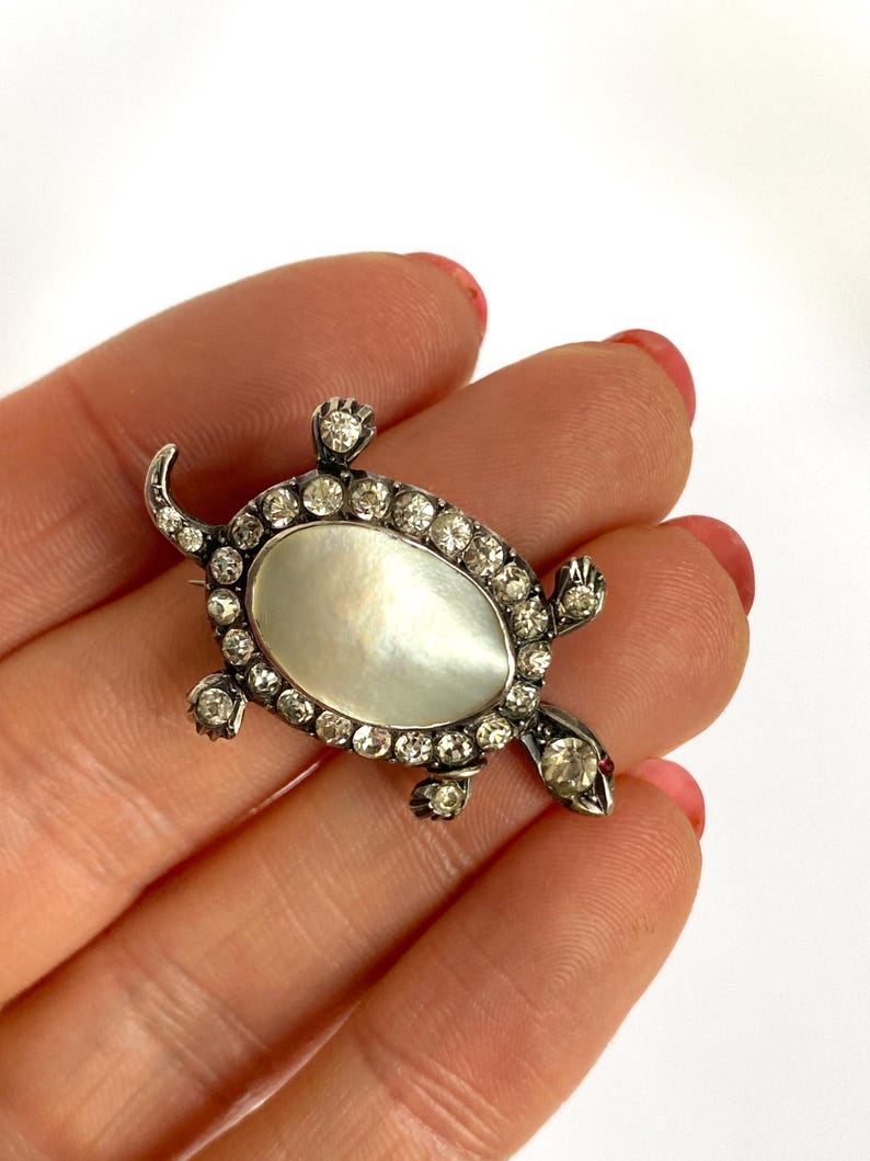 Antique, Silver, Mother of Pearl Diamond Paste Turtle Brooch - Etsy