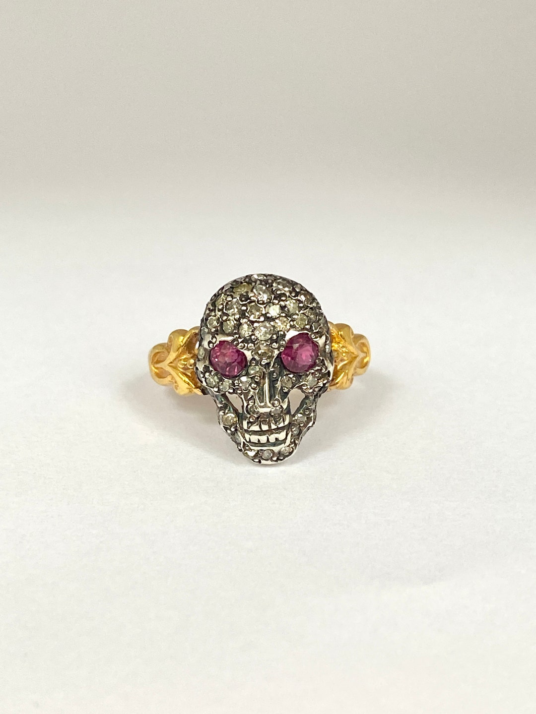 Vintage, 15ct Gold Ruby Eyed, Rose Cut Diamond Encrusted Skull Ring, 3 ...