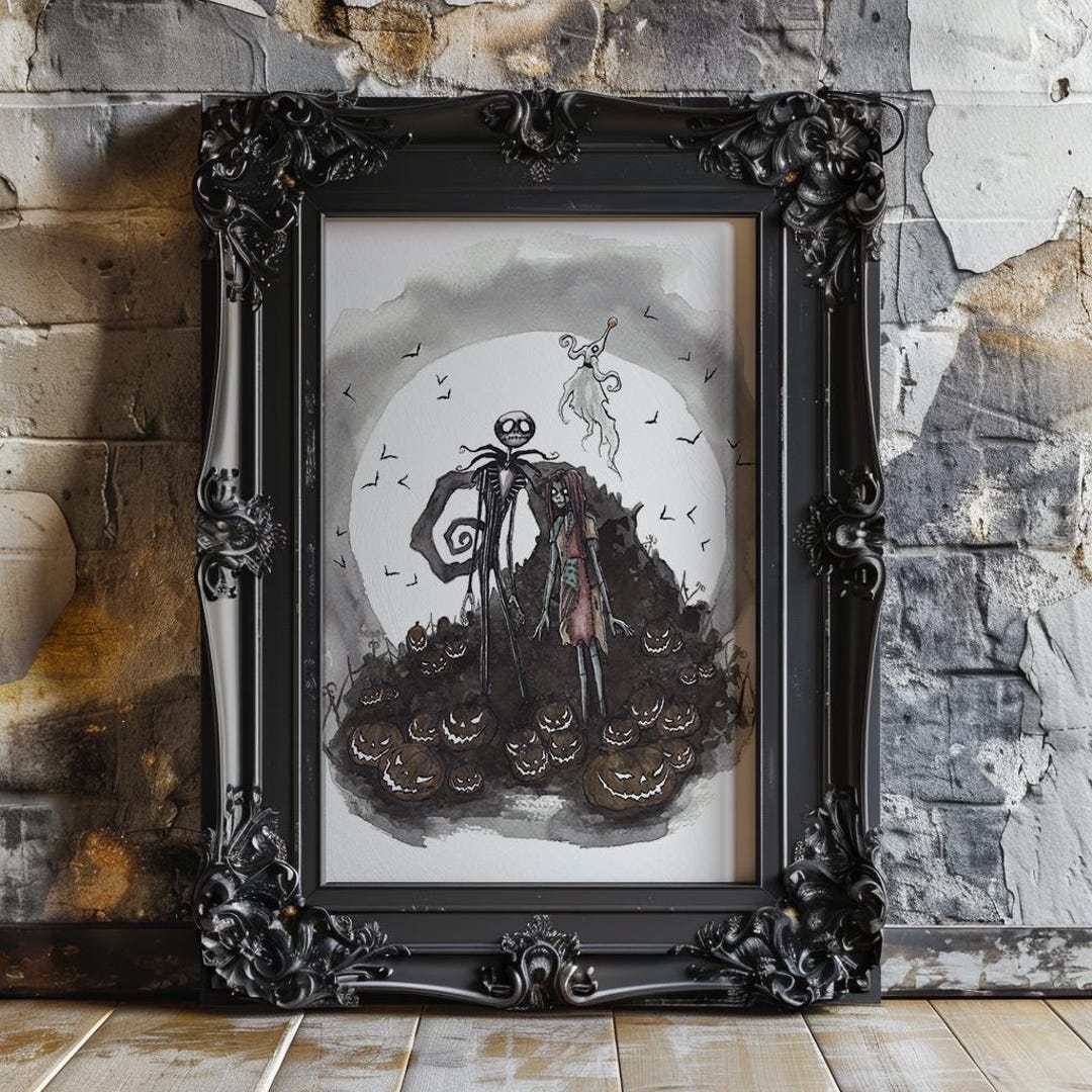 Jack and Sally Print, Ink and Watercolor Painting, Gothic Artwork ...