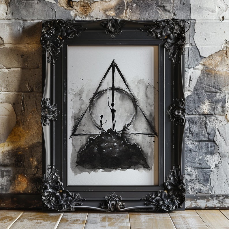 Deathly Hallows Watercolor Art Print, Black and White Ink Illustration ...