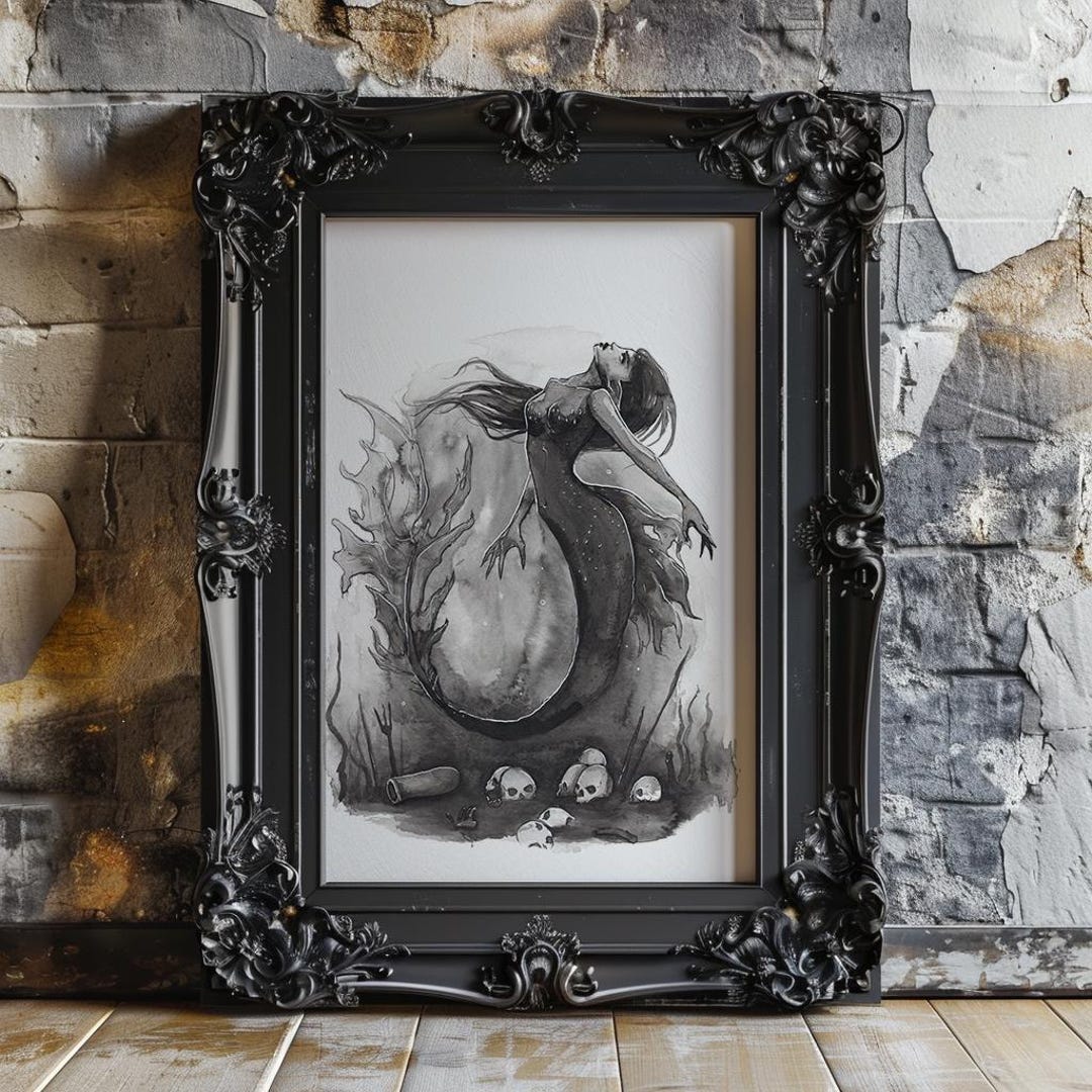Siren Print, Ink Painting, Dark Fantasy Artwork, Spooky Decor, Gothic ...