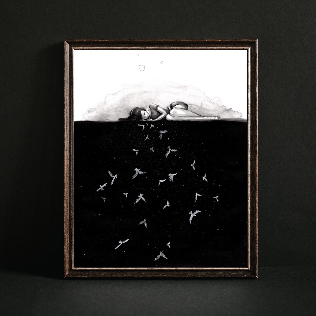 Sleep Concept Art Print, Dark Artwork, Ink Painting, Dreamy Surrealism ...