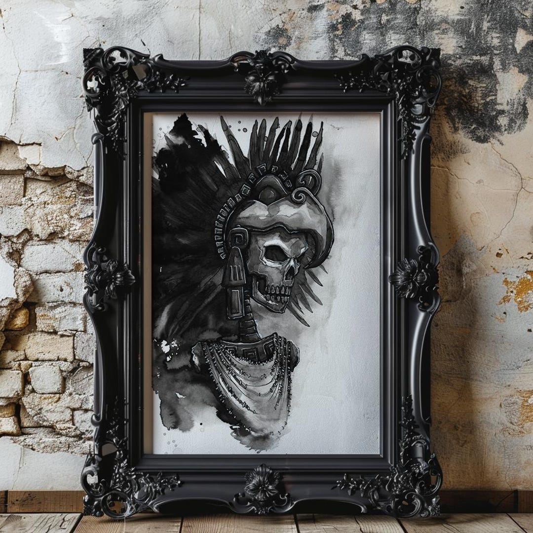 Aztec Skeleton Print, Mythology Art, Black and White, Dark Aesthetic ...