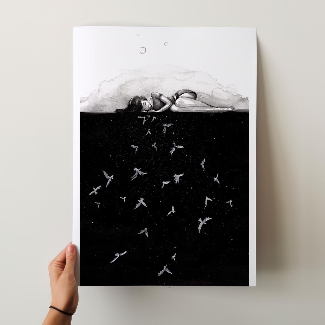 Sleep Concept Art Print, Dark Artwork, Ink Painting, Dreamy Surrealism ...