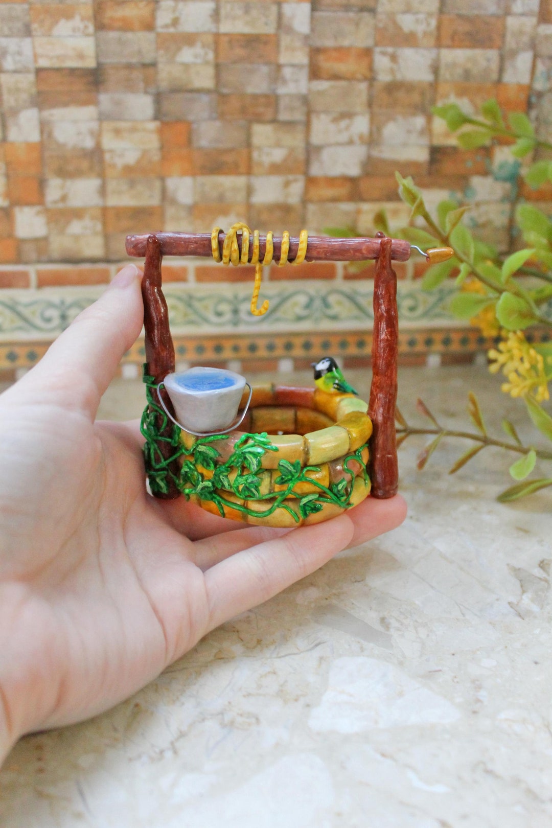 Ivy Covered Well Miniature Dollhouse Decor, Polymer Clay Figurine of a ...