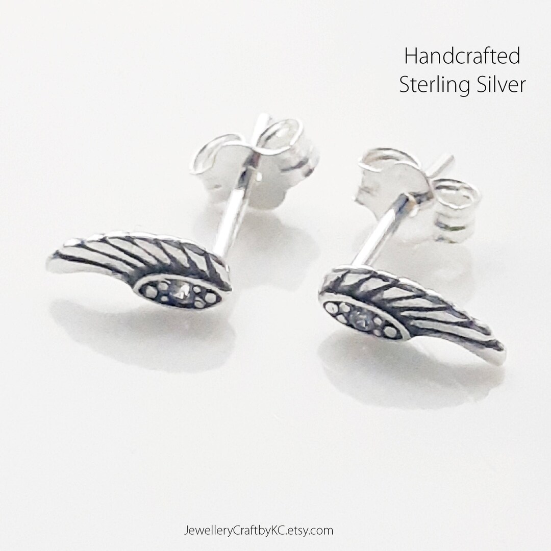 Angel Wing Stud Earrings 100% Solid 925 Sterling Silver, Handcrafted ...