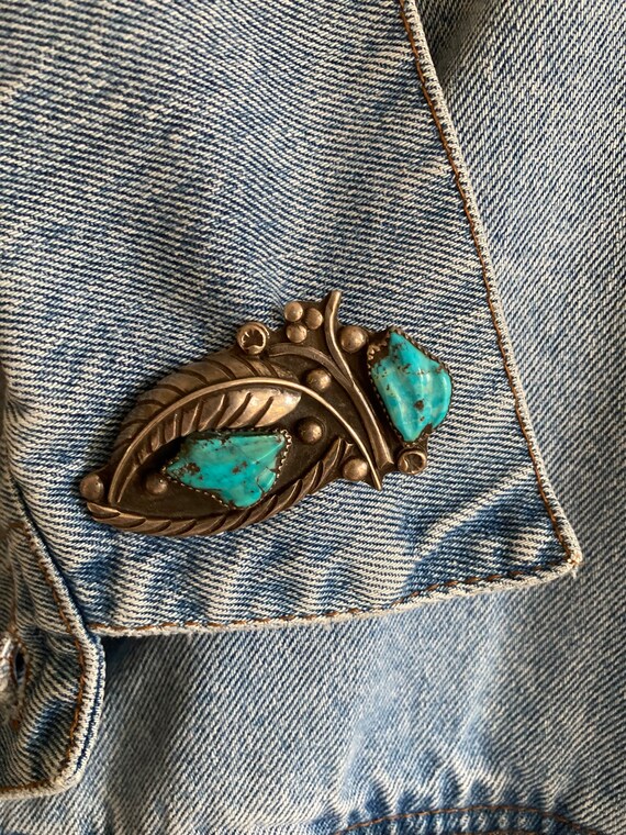 Vintage Zuni Ben Eustace Sterling Turquoise Brooch - Gem