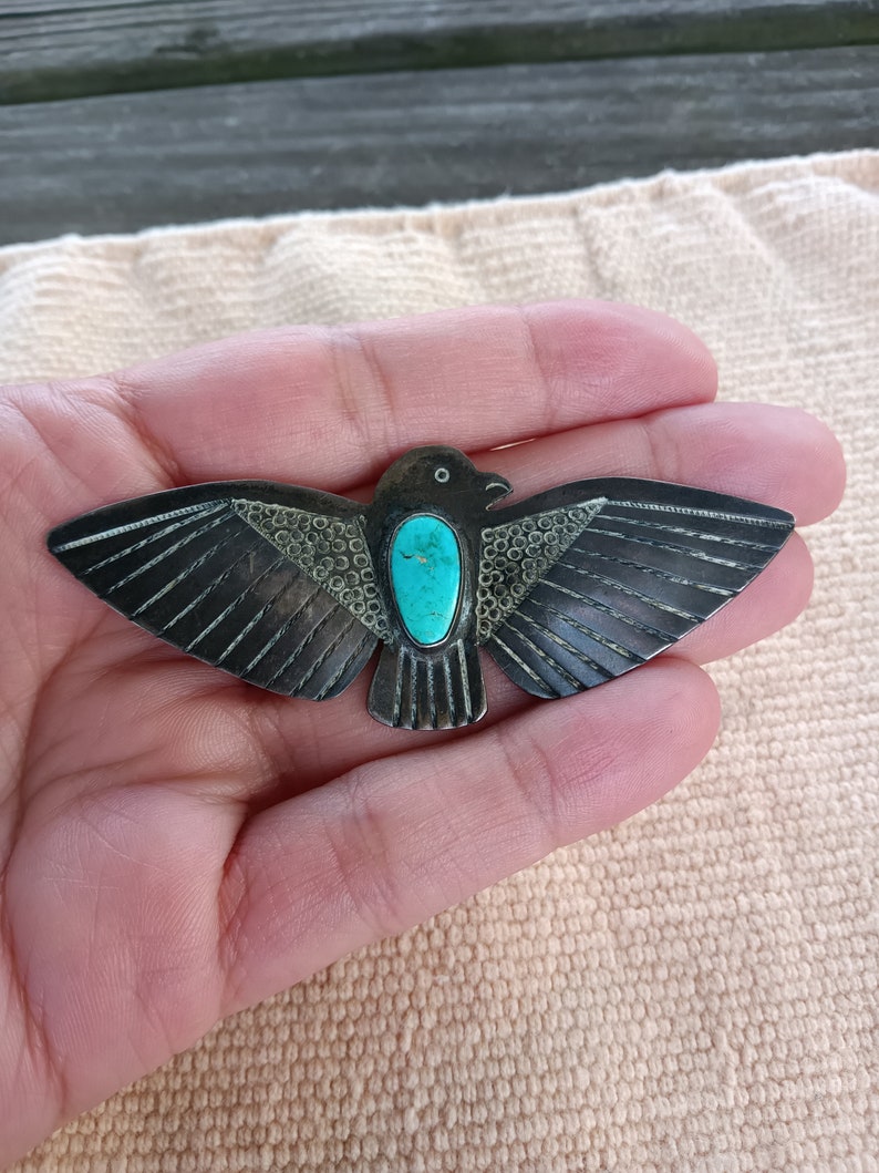 Vintage Sterling Turquoise Thunderbird Pin - Etsy