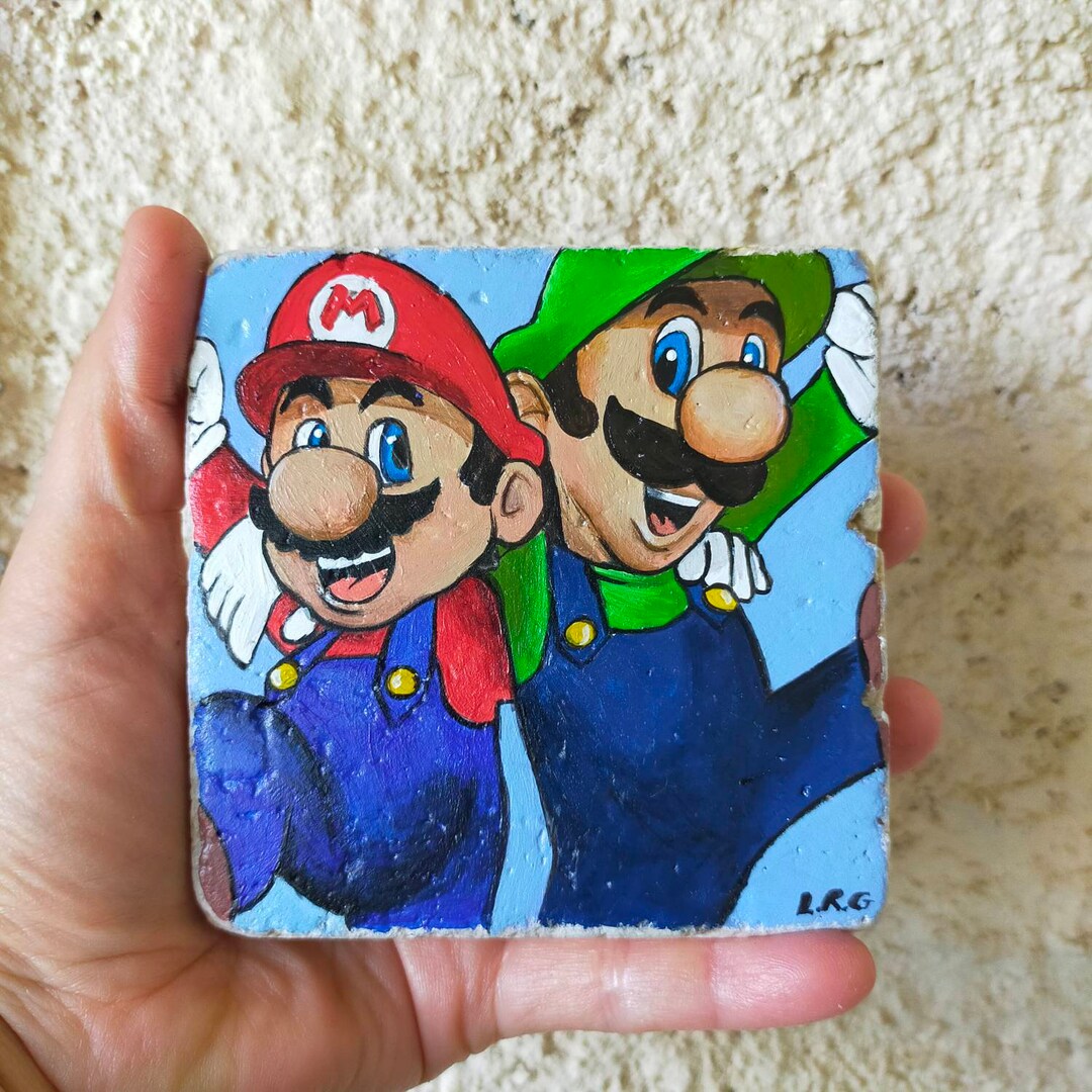 Mario and Luigi on Travertine Tile Video Game Fanart Original Birthday ...