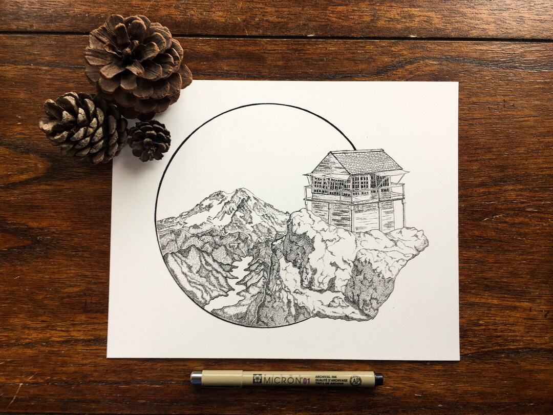 Mt. Rainier Print: Highrock Lookout Pen & Ink Drawing (8x10) - Etsy