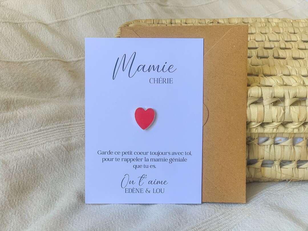 Carte merci Mamie chérie personnalisée - broche coeur - pin's coeur ...