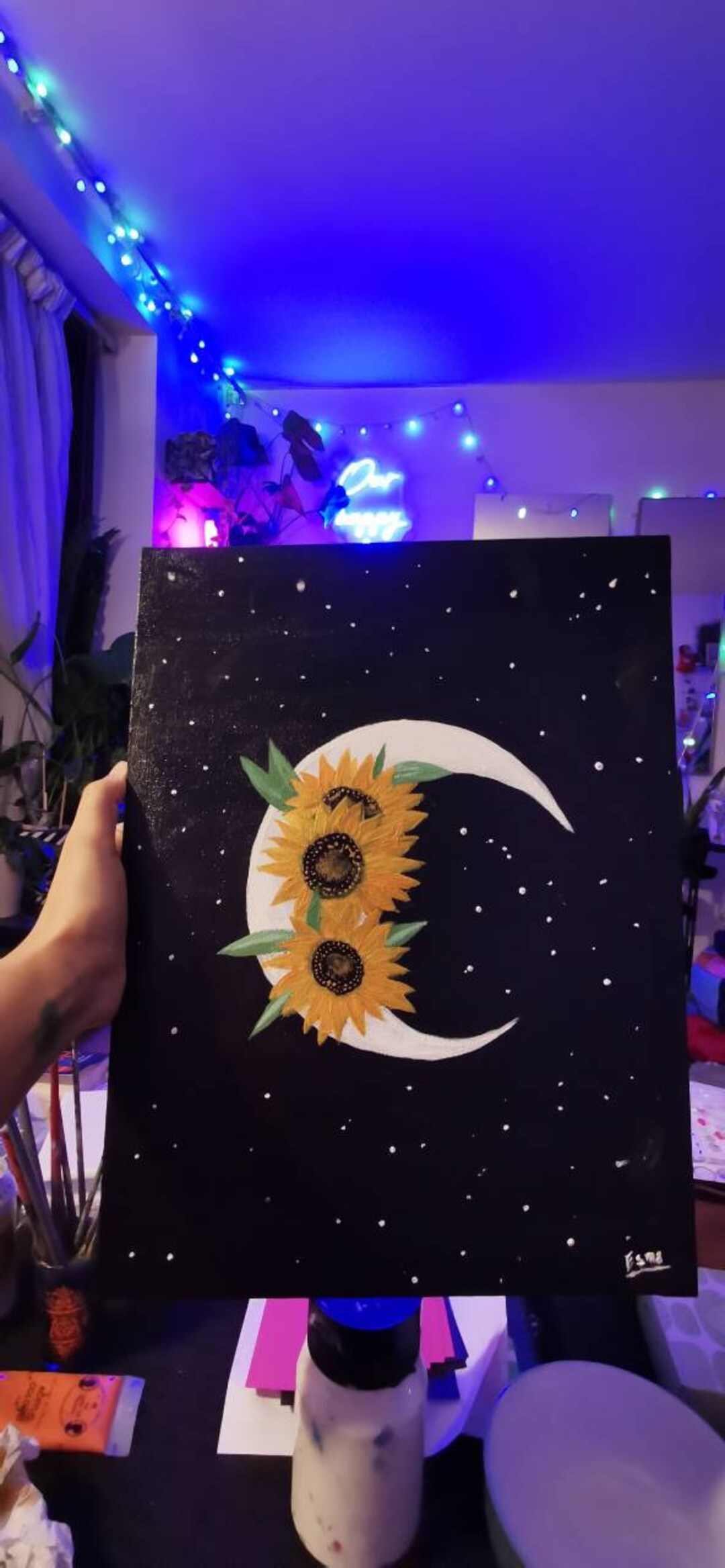 Sunflowers & Moon on Black Background Acrylic Original Painting on ...