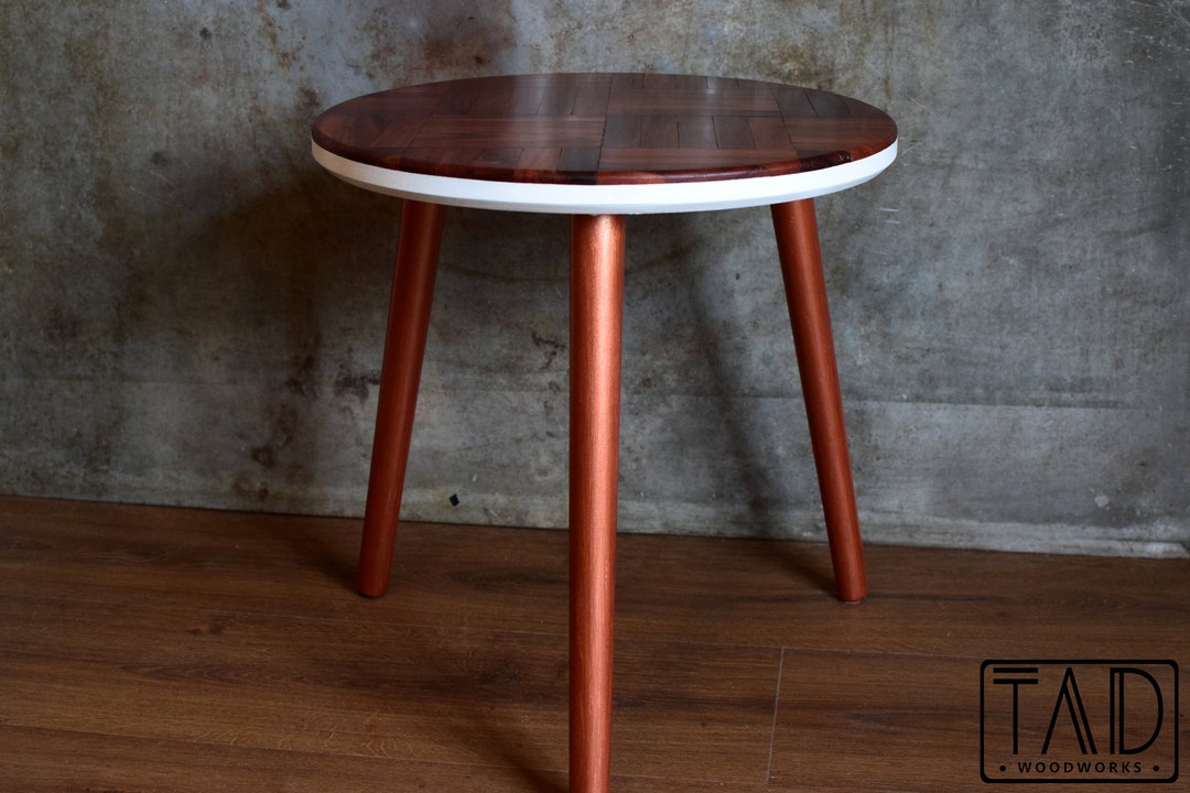 Round Solid Wood Parquet Side Table Reclaimed Teak Top Beech Legs - Etsy