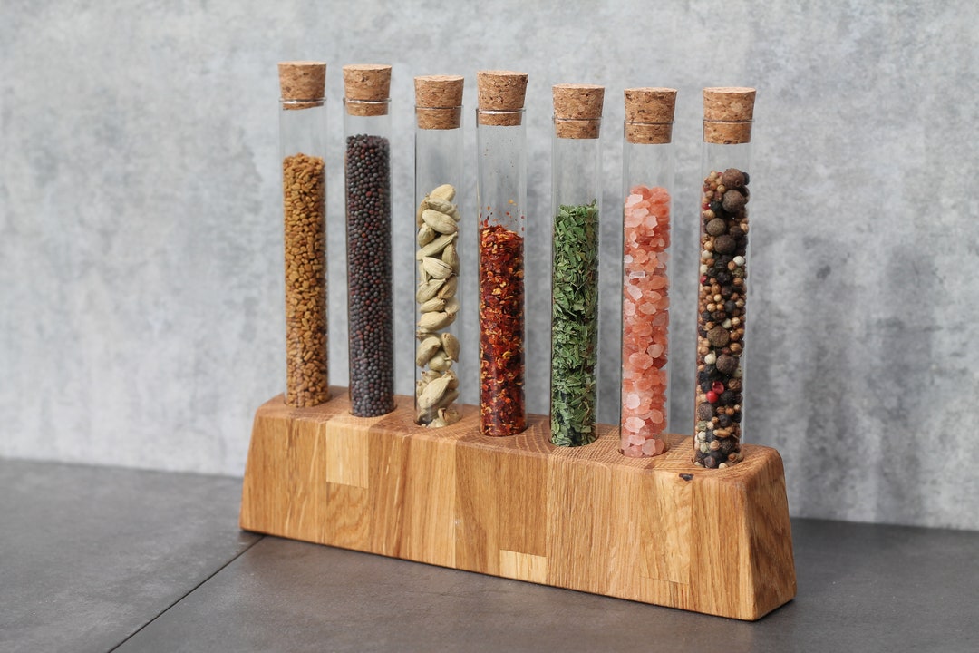 Oak Spice Rack With Glass Test Tubes and Cork Stoppers - Etsy