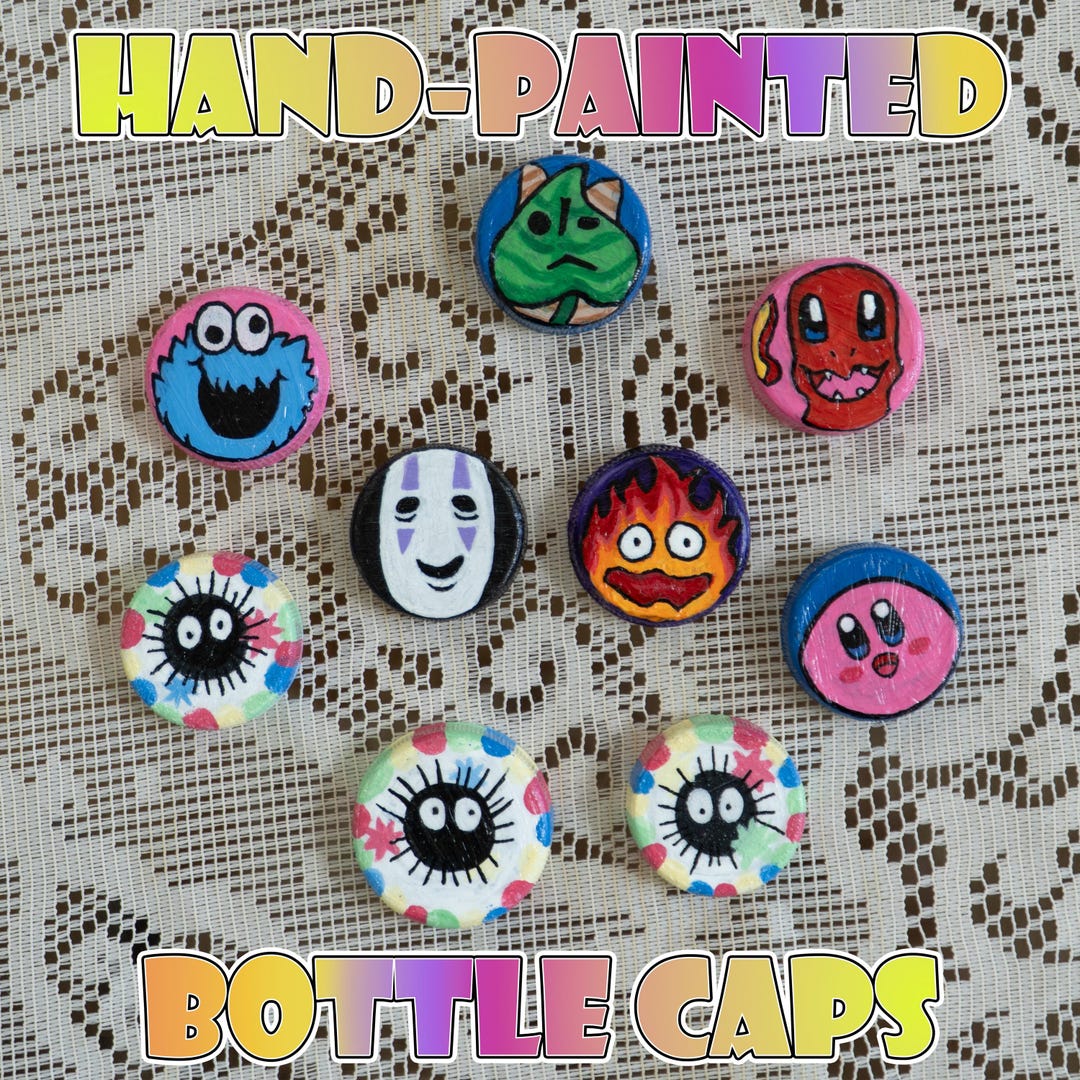 Hand Painted Bottle Caps, Recycled Art, Acrylic, Studio Ghibli, Pokémon ...