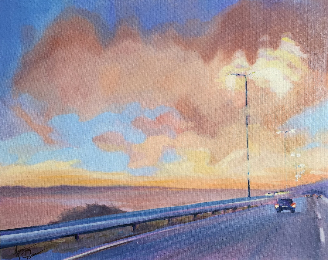 Highway Road Sunset Painting Original Art Vibrant Oil Colors Urban ...