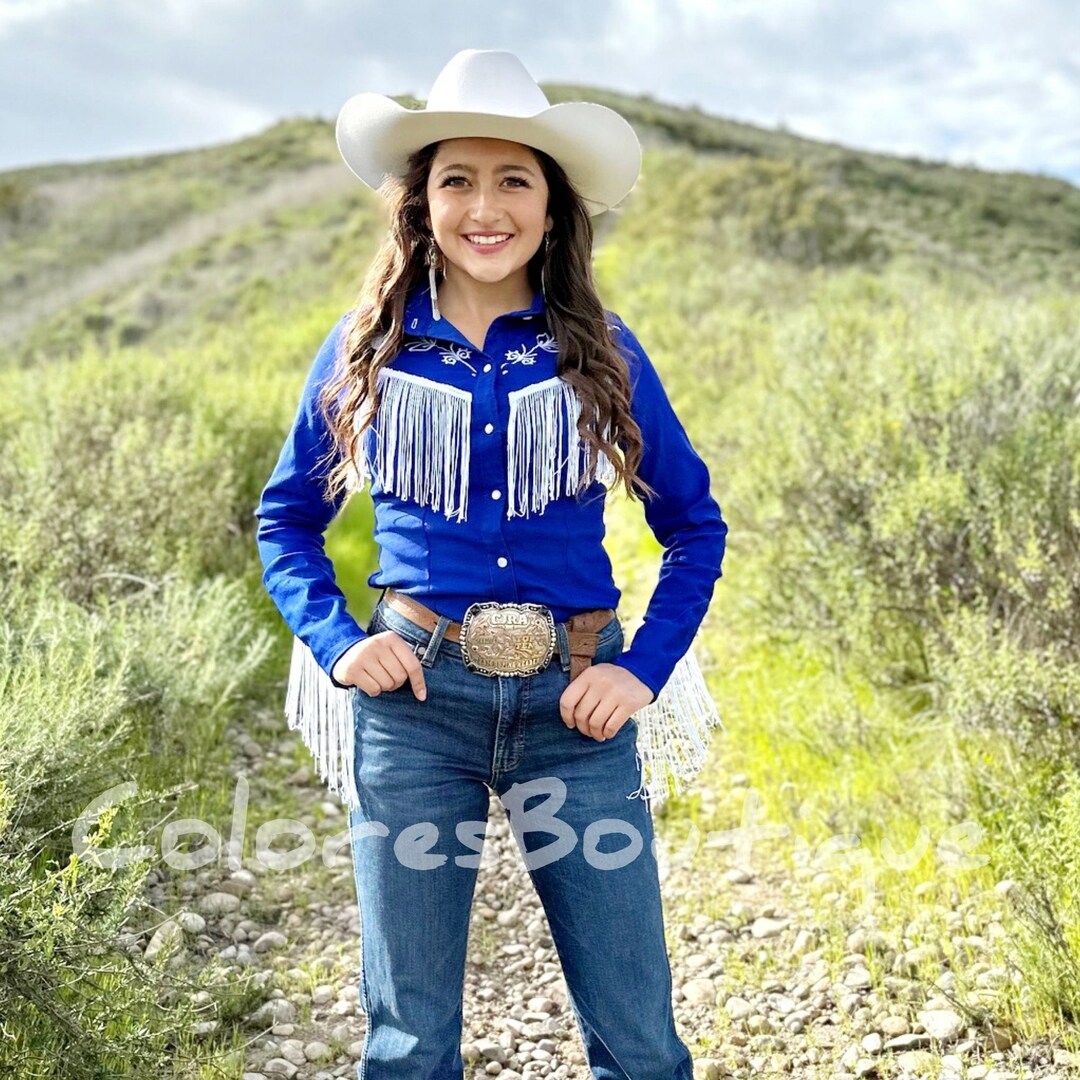 Western Equestrian Show Shirt, Fringed Blue Western Shirt, Girl Western ...