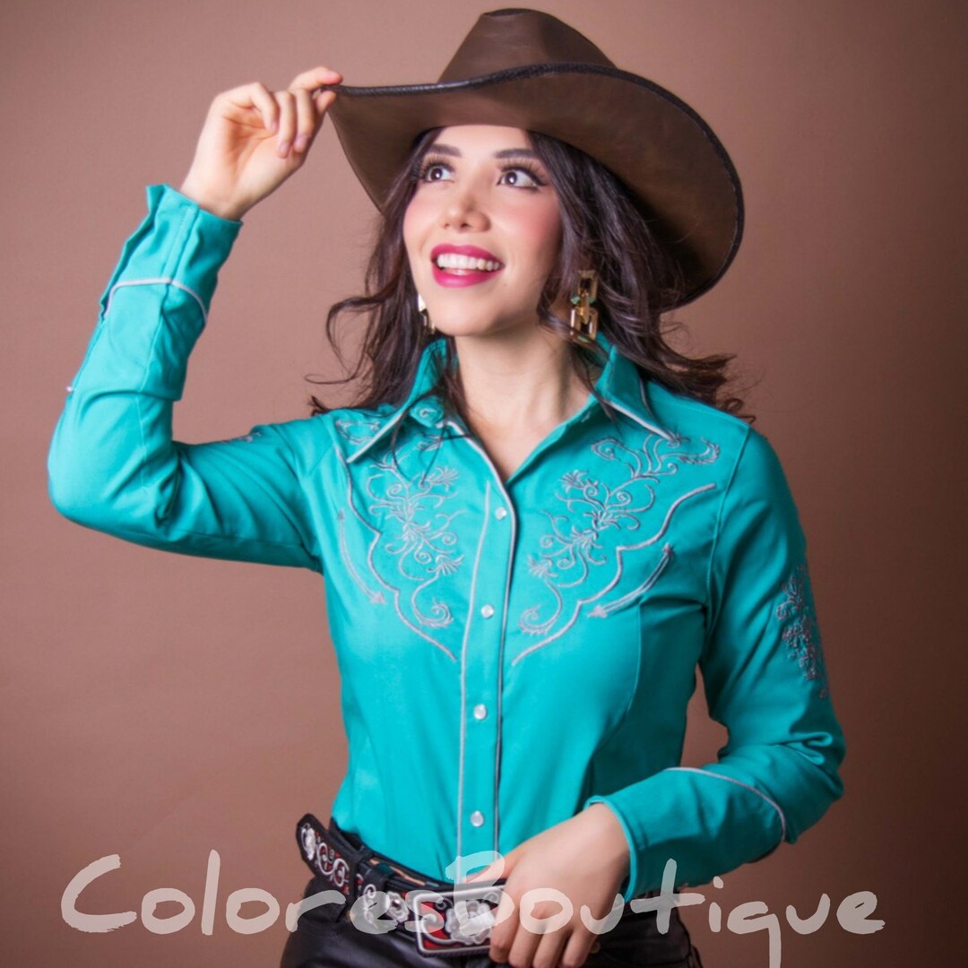 Turquoise Green Western Shirt, Western Shirts for Women, Womens Western ...