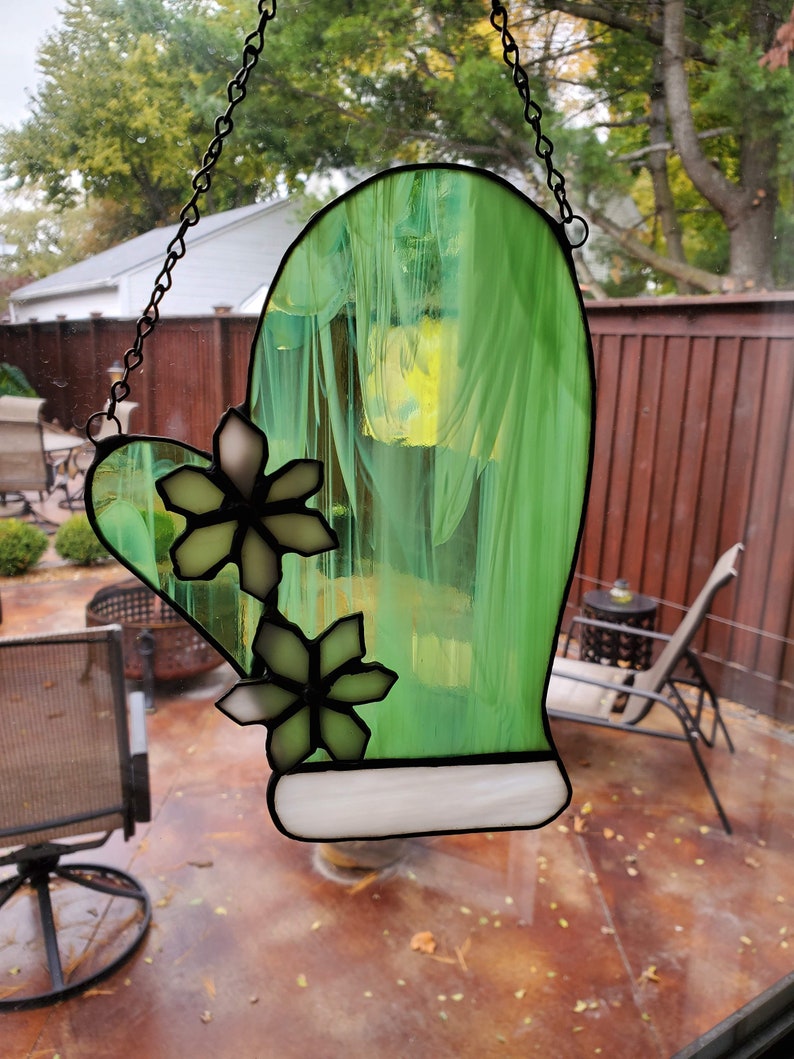 Stained Glass Snowflake Green Mitten Sun Catcher Holiday Christmas ...