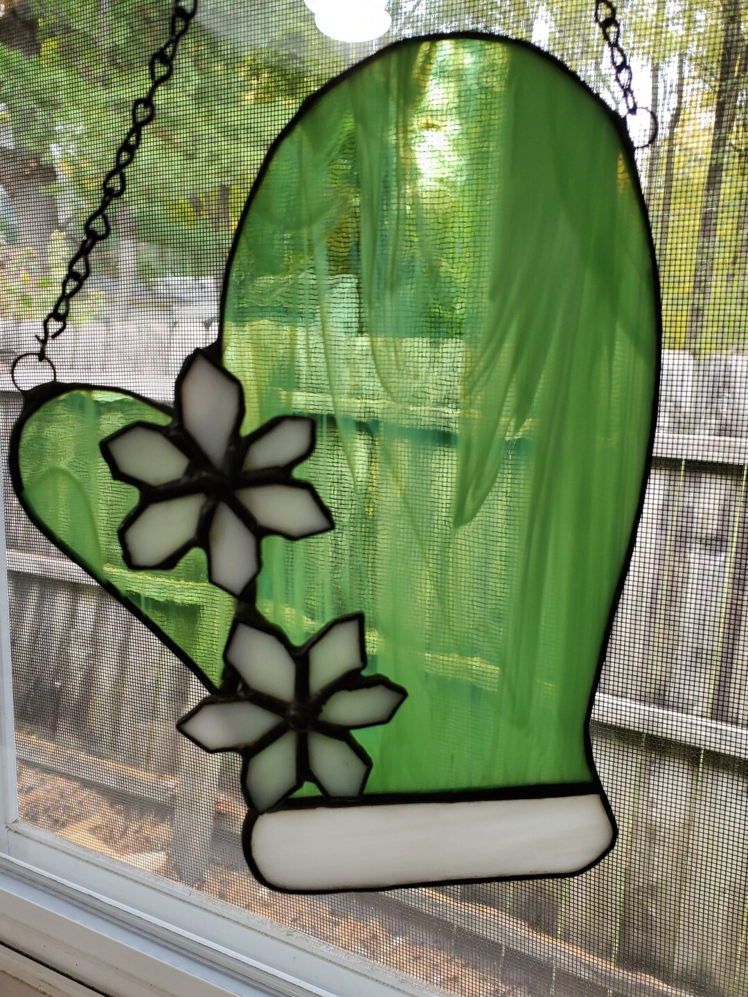 Stained Glass Snowflake Green Mitten Sun Catcher Holiday Christmas ...