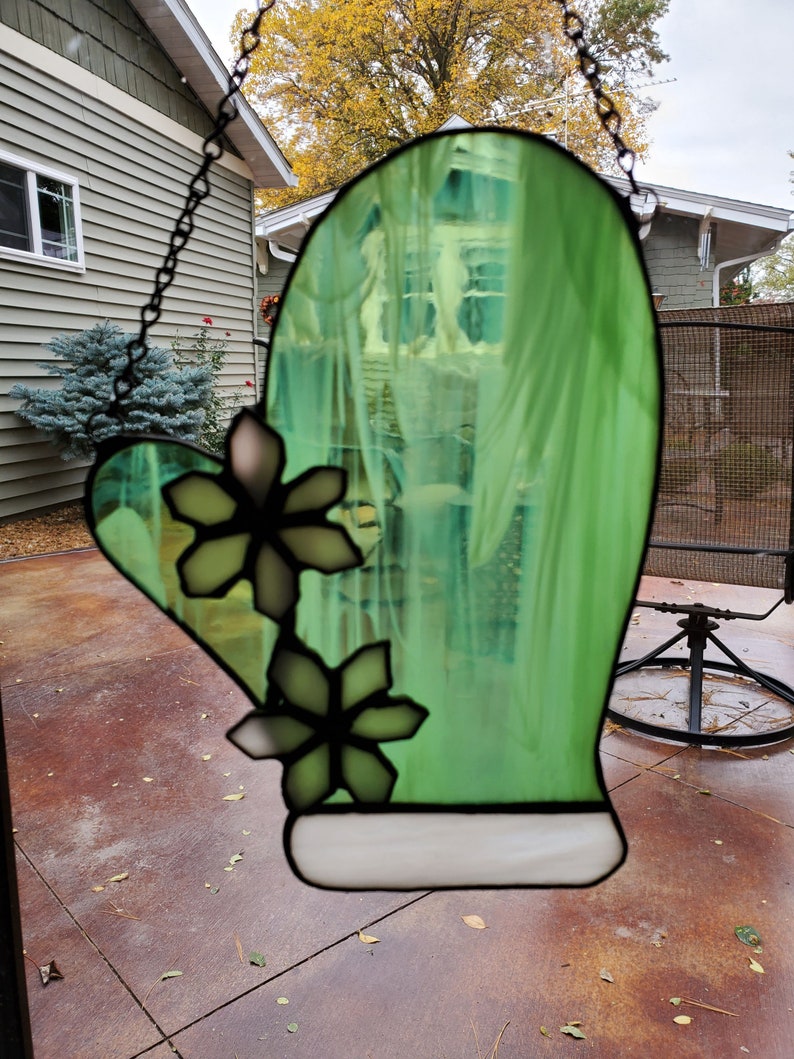 Stained Glass Snowflake Green Mitten Sun Catcher Holiday Christmas ...