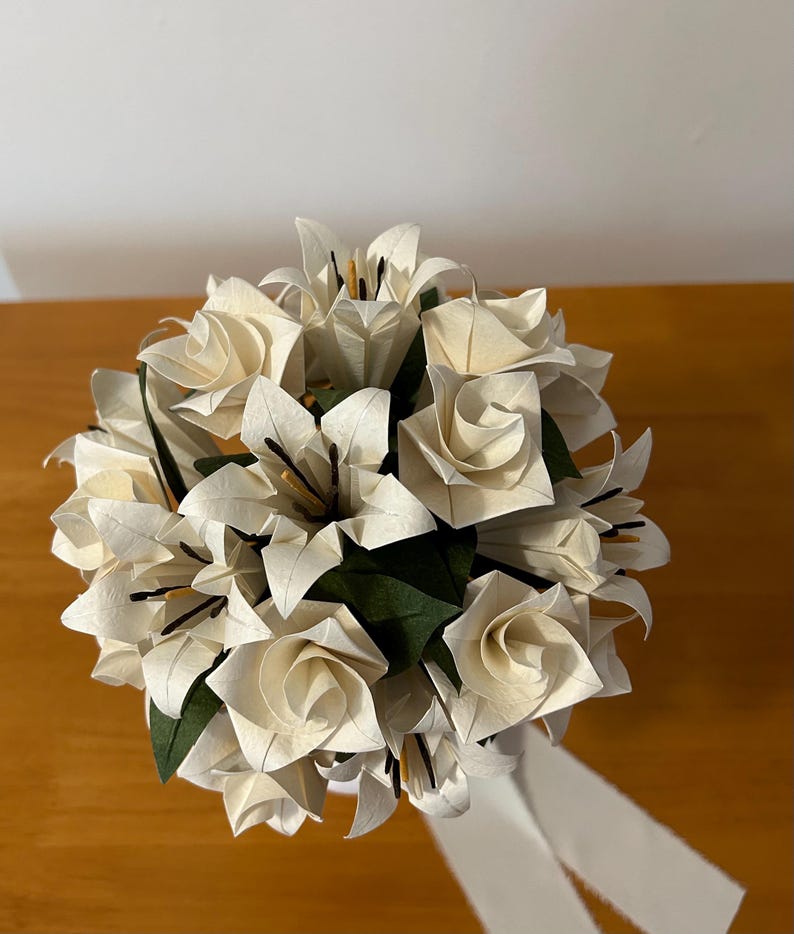 Origami Bridal Bouquet, Paper Wedding Flowers: Champagne White Lilies ...