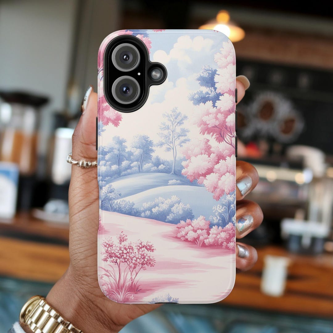 Pastel Toile Style Paradise Landscape Phone Case, Pink and Blue Floral ...