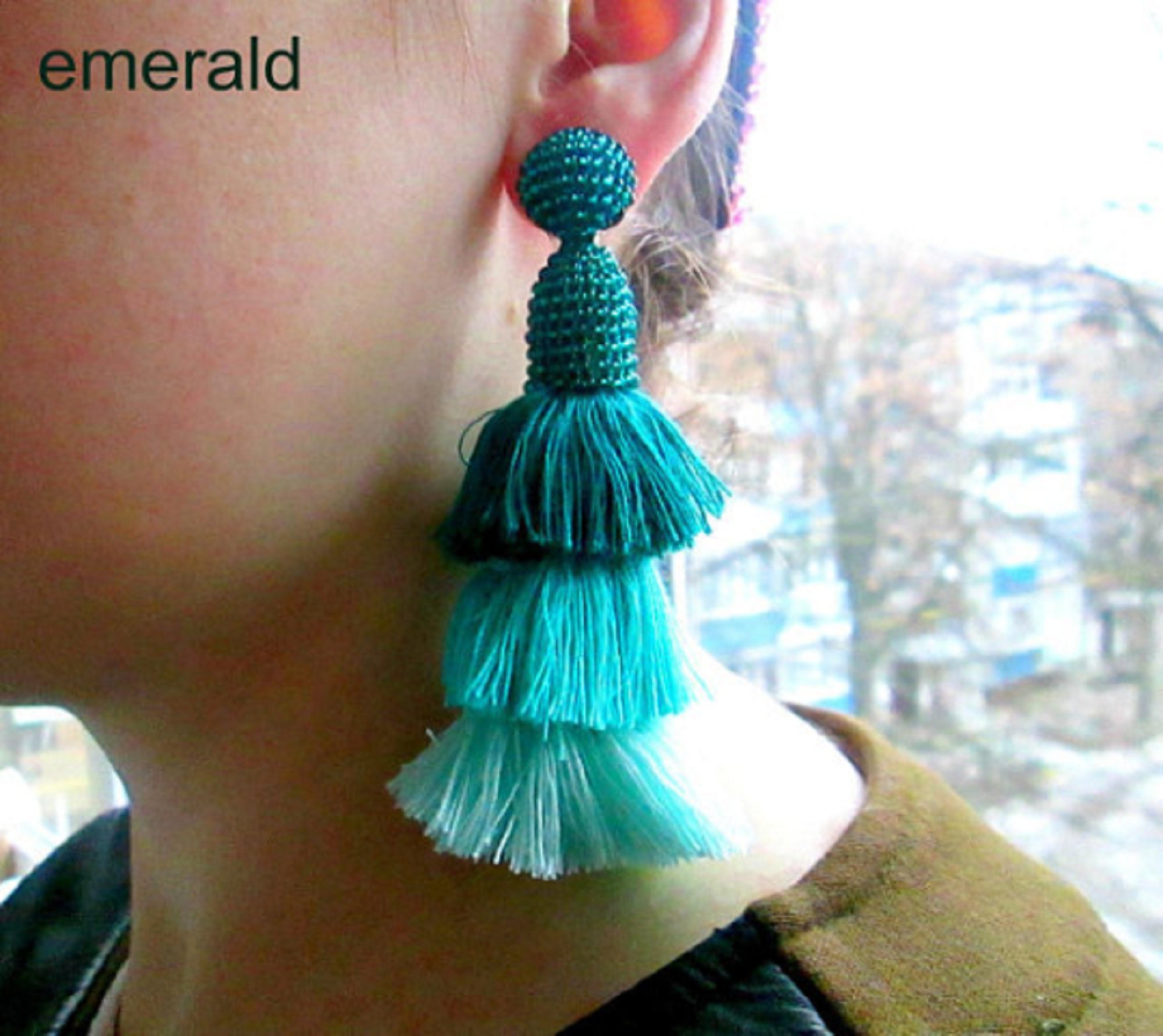 Ombre Emeraldtassel/three Shades of Emerald Color/tassel Earrings Longs ...