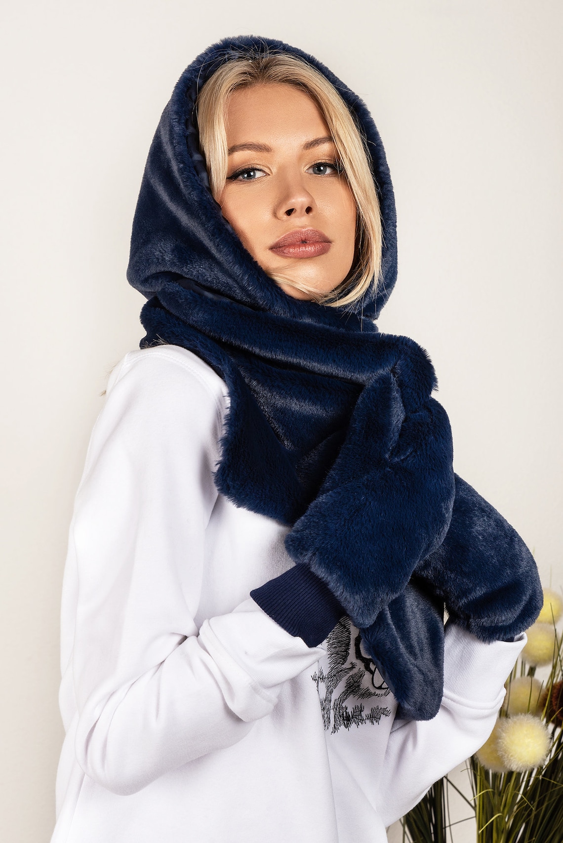 Faux Fur Blue Hooded Scarf, Faux Fur Scarf, Blue Hood With Scarf, Blue ...