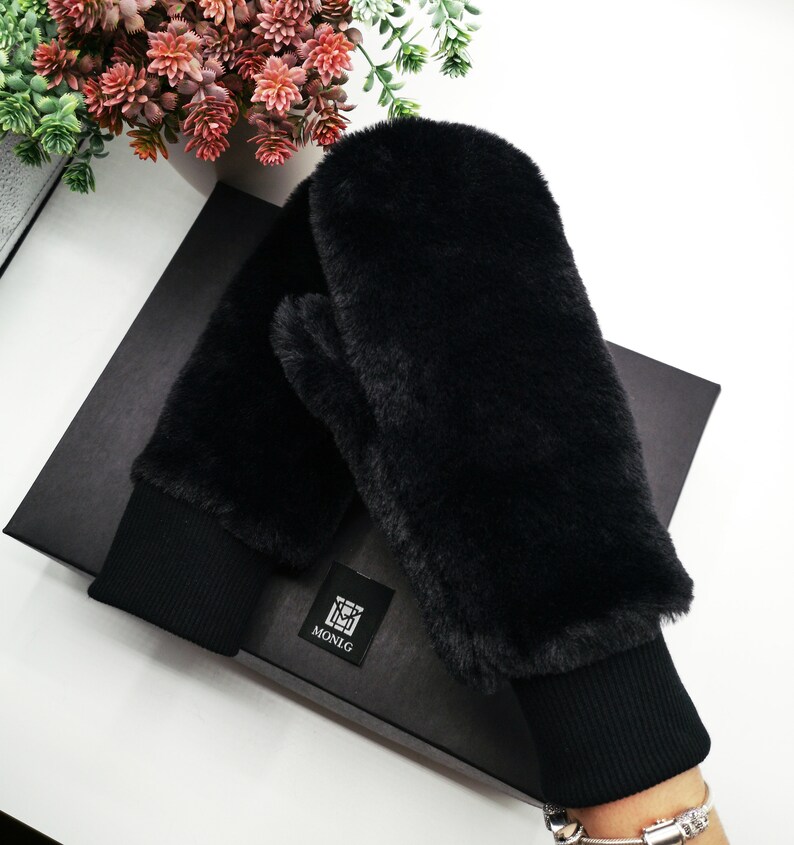 Womens faux fur mittens Rose faux fur gloves Womens winter | Etsy