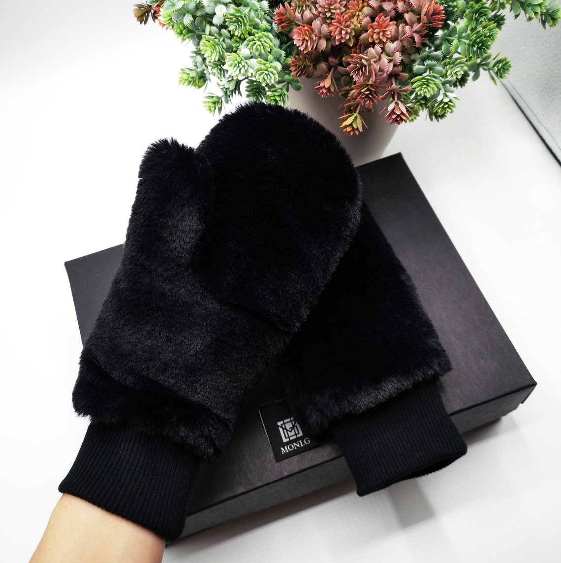 Womens Faux Fur Mittens, Black Faux Fur Gloves, Womens Winter Mittens ...
