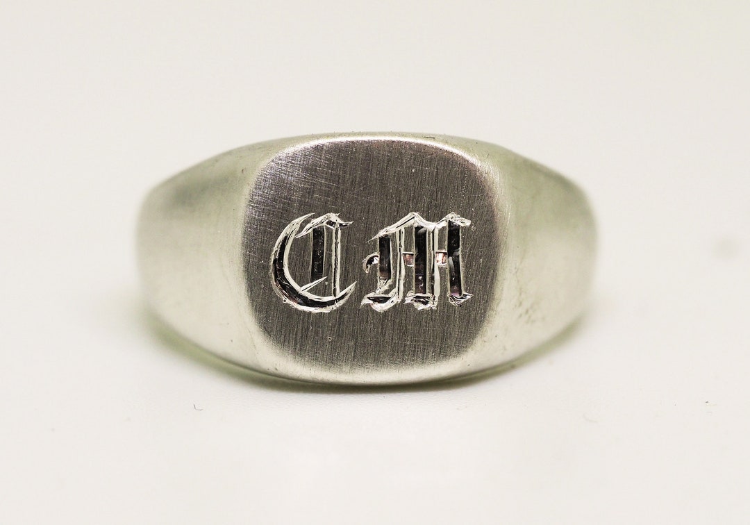 Hand Engraved Initial Sterling Silver Signet Ring Oxidized Worn Patina Bright Polish Satin ...
