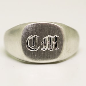Hand Engraved Initial Sterling Silver Signet Ring Oxidized Worn Patina ...