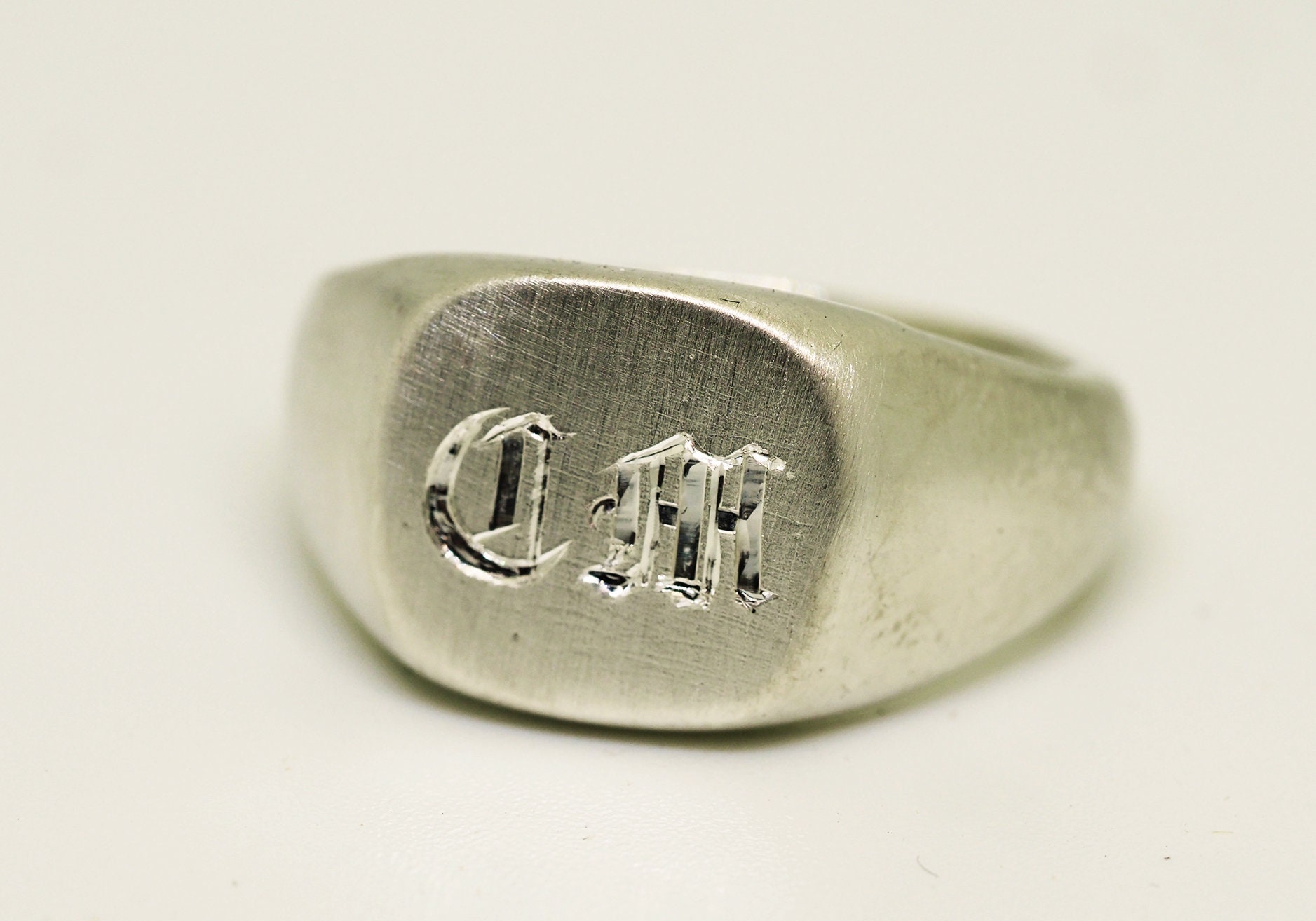 Hand Engraved Initial Sterling Silver Signet Ring Oxidized Worn Patina Bright Polish Satin ...