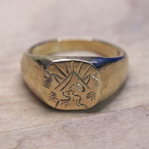 Mountain View Hand Engraved Gold Ring - 14k Gold Signet Ring ...
