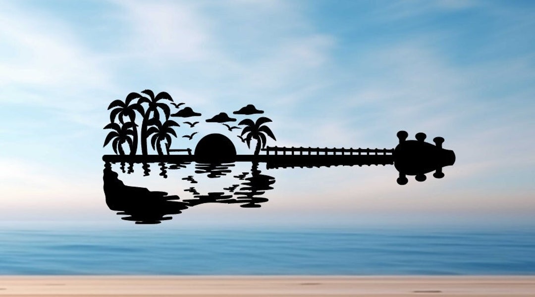 Guitar Sunset Beach Palm Tree Scenery Vinyl Decal *high Quality Oracal ...