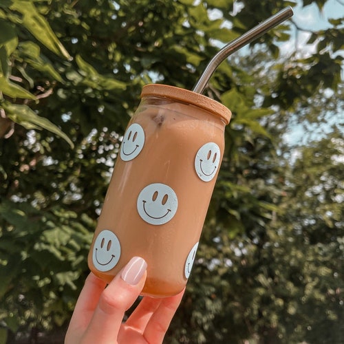 Beer Can Glass Smiley Face Happy Coffee Cup Trendy Coffee - Etsy