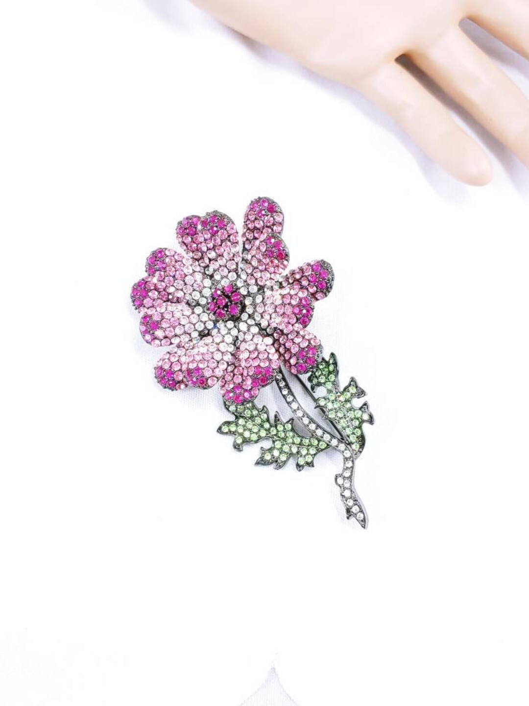 Vintage 3D Flower Brooch: Pink & Green Crystal Rhinestone Pin - Etsy