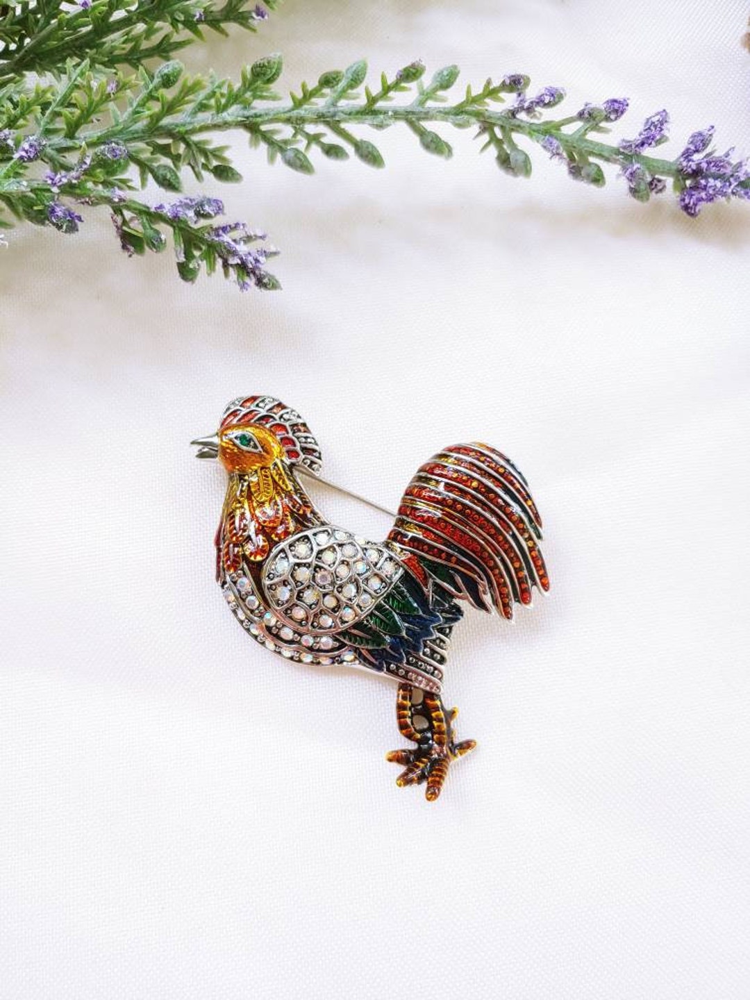 Vintage Rooster Farm Bird Chicken Country Enamel Brooch Pin Silver Tone ...