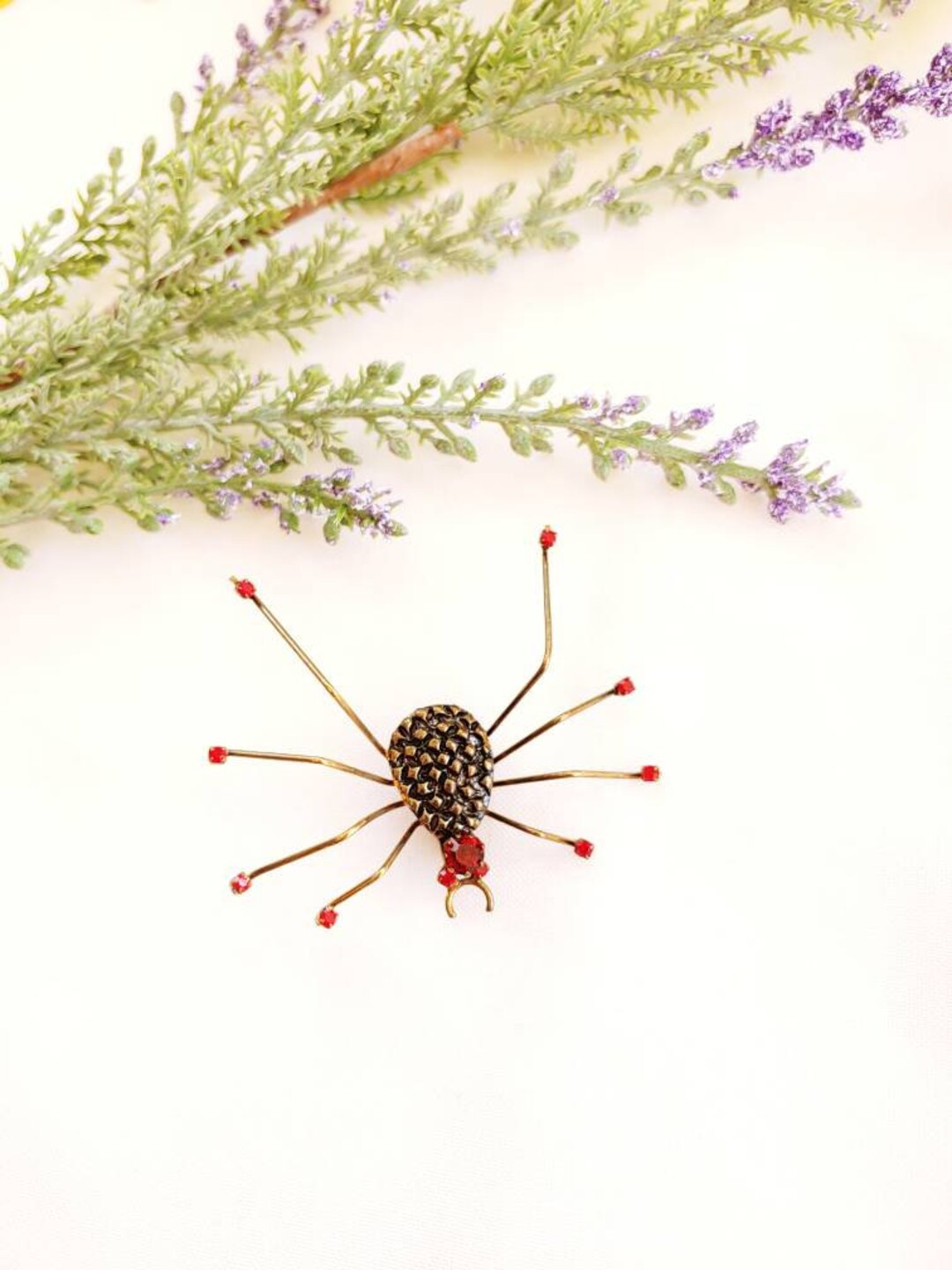 Vintage Gold Tone Spider Brooch: 3D Tarantula Pin With Red Rhinestones ...