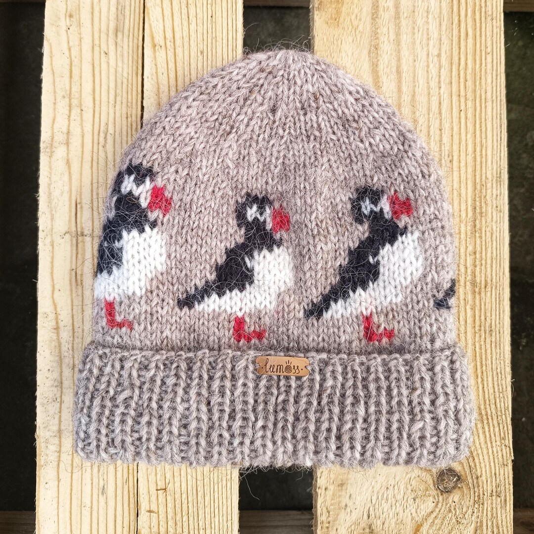 Handknit Icelandic Wool Puffin Beanie: Natural Beige Winter Hat - Etsy